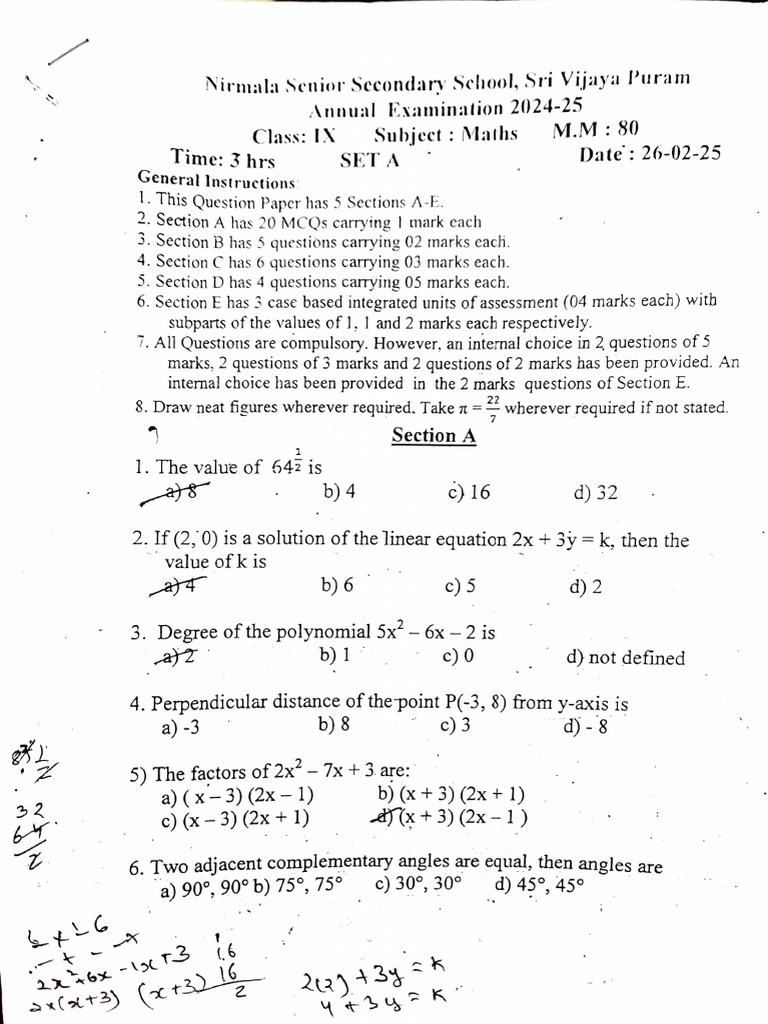 Ix Nirmala Maths Annual Exam 2024 25 Pdf Area Euclidean Plane