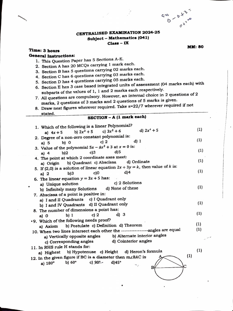 Class 9 Maths Question Paper 2024-25 | PDF | Equations | Sphere