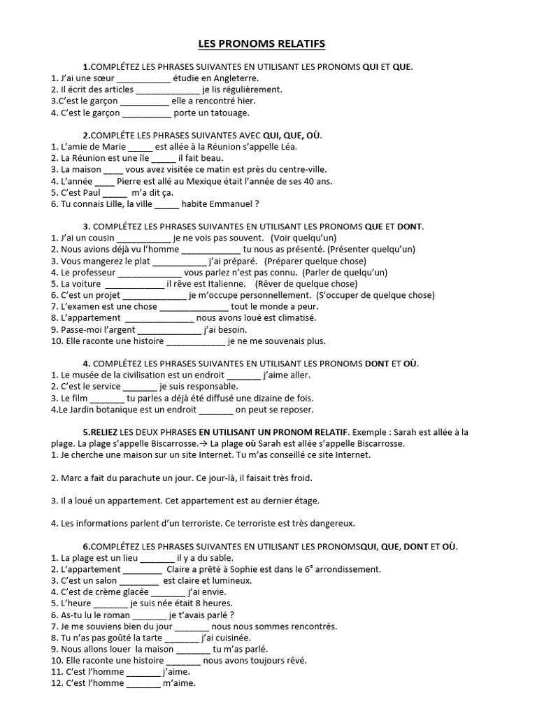 Exercices sur les pronoms relatifs | PDF