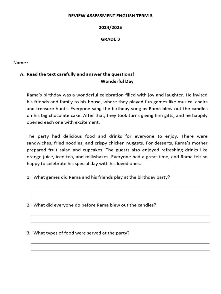 Grade 3 English Review: Birthday Party Activities | PDF | Drink | Lunch