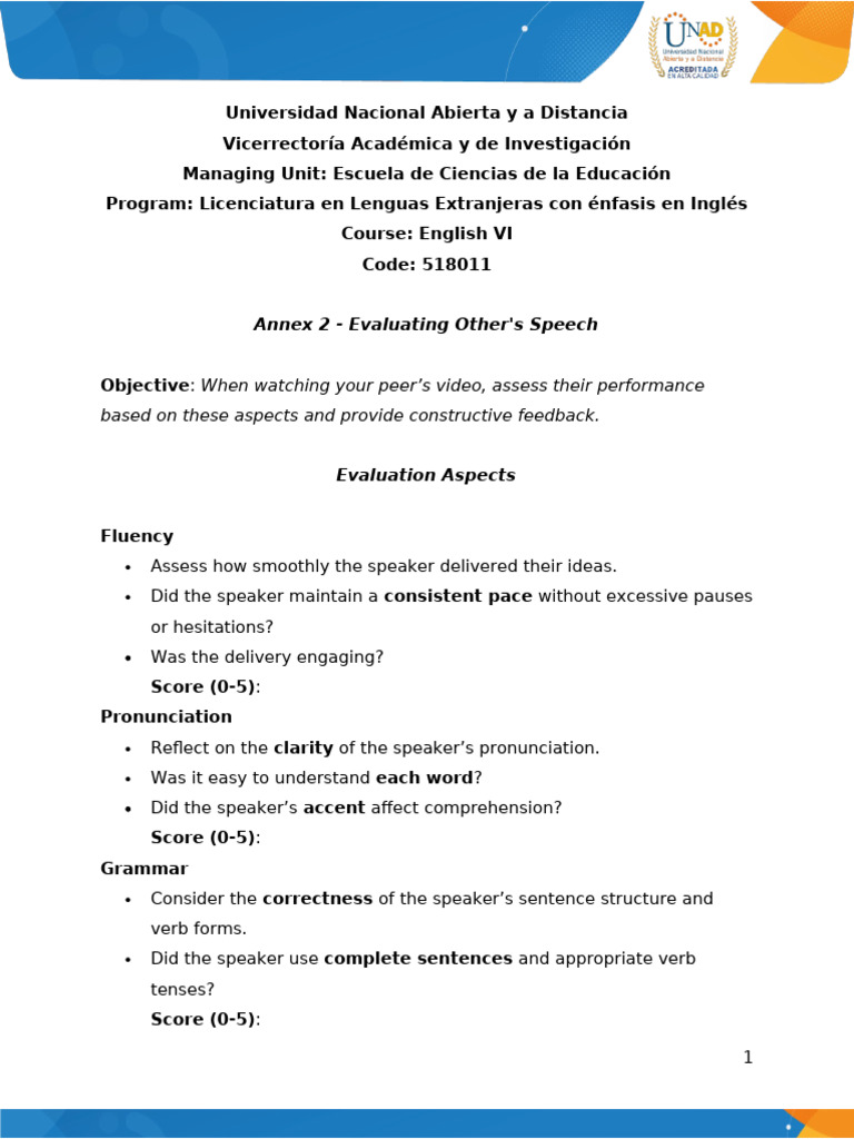 Annex 2 - Evaluating Others Speech | PDF | Fluency | Communication
