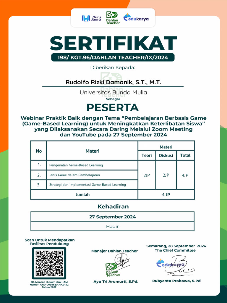 045B-ST - FTD.01.01-IX-2024 Sertifikat Pembelajaran Berbasis Game (Rudolfo) | PDF