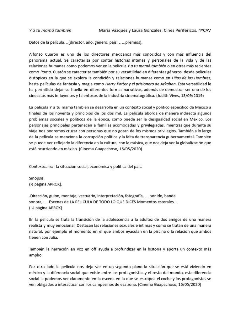 Análisis de "Y tu mamá también" | PDF
