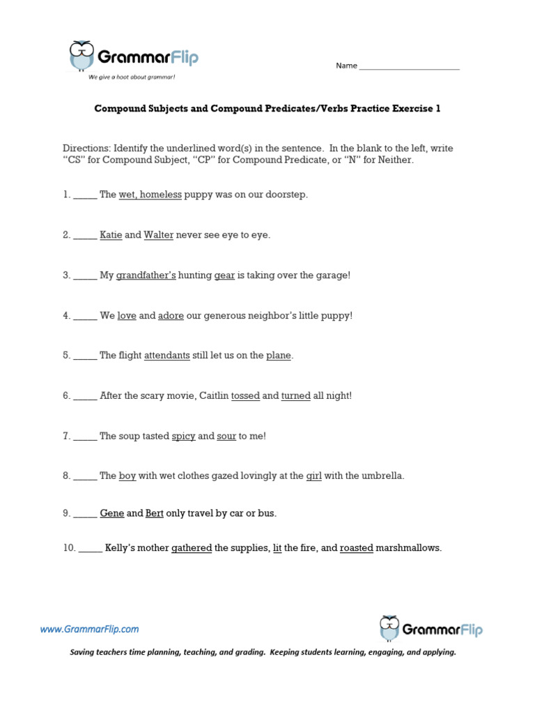 Compound Subjects and Compound Predicates Verbs GrammarFlip Worksheet ...