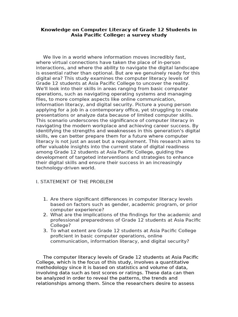 Knowledge On Computer Literacy of Grade 12 Student | PDF | Methodology ...