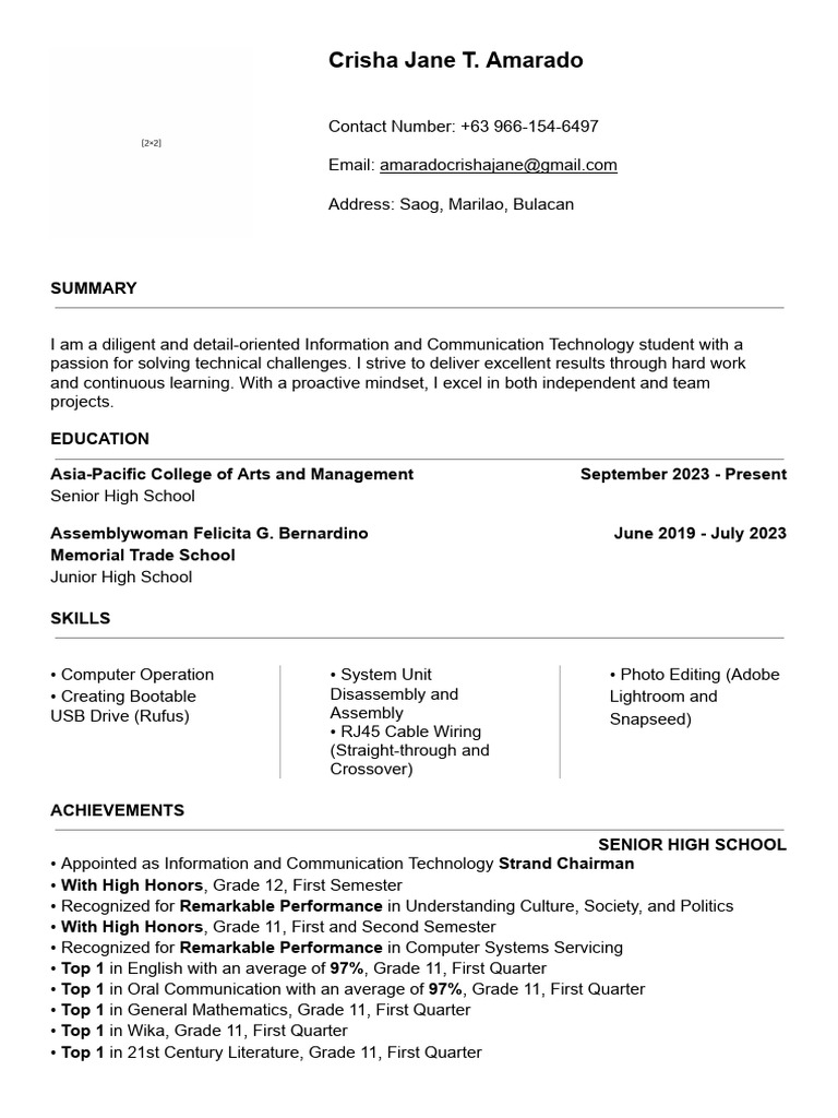 Grade 12 Work Immersion Resume | PDF