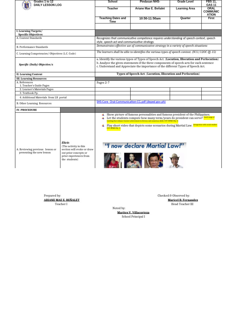 Daily Lesson Log: Oral Communication 11 | PDF | Learning | Communication