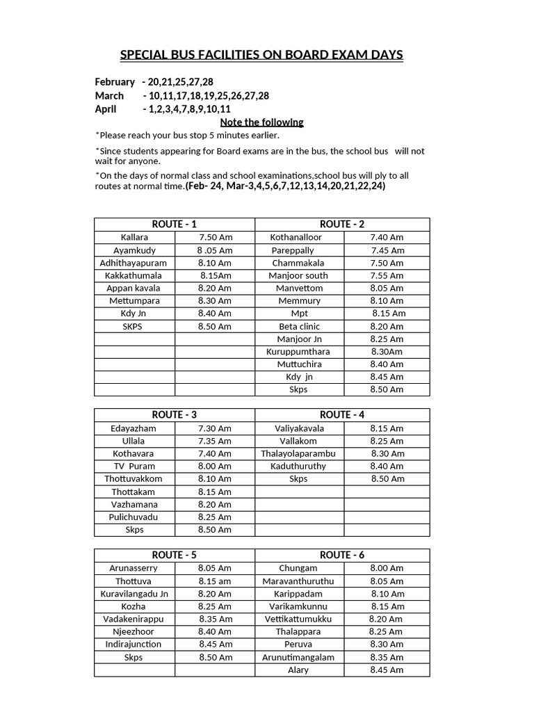 Bus Schedule for Exam Days | PDF