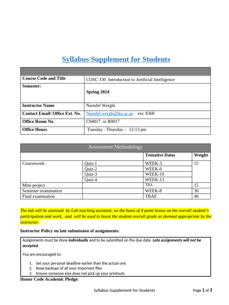 COSC 330 Syllabus Supplement For Students Template - Fall2024 | PDF | Learning | Artificial ...