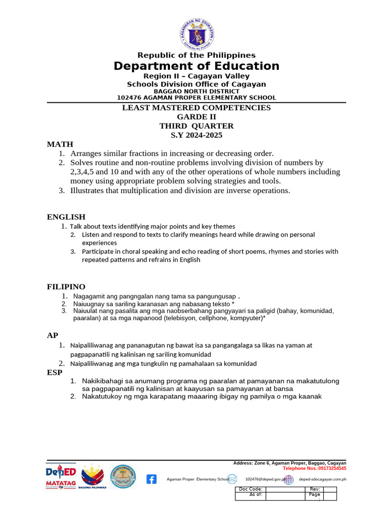 LEAST MASTERED COMPETENCIES q3 | PDF