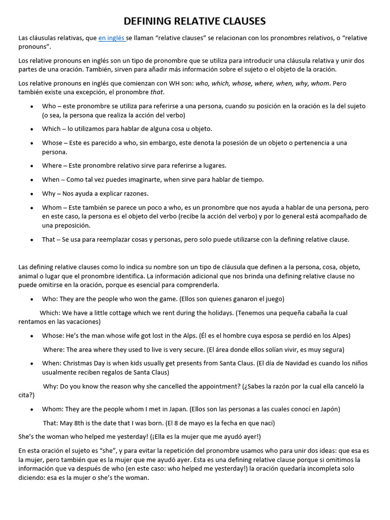Defining Relative Clauses | PDF | Relaciones sintácticas | Tipología Lingüística