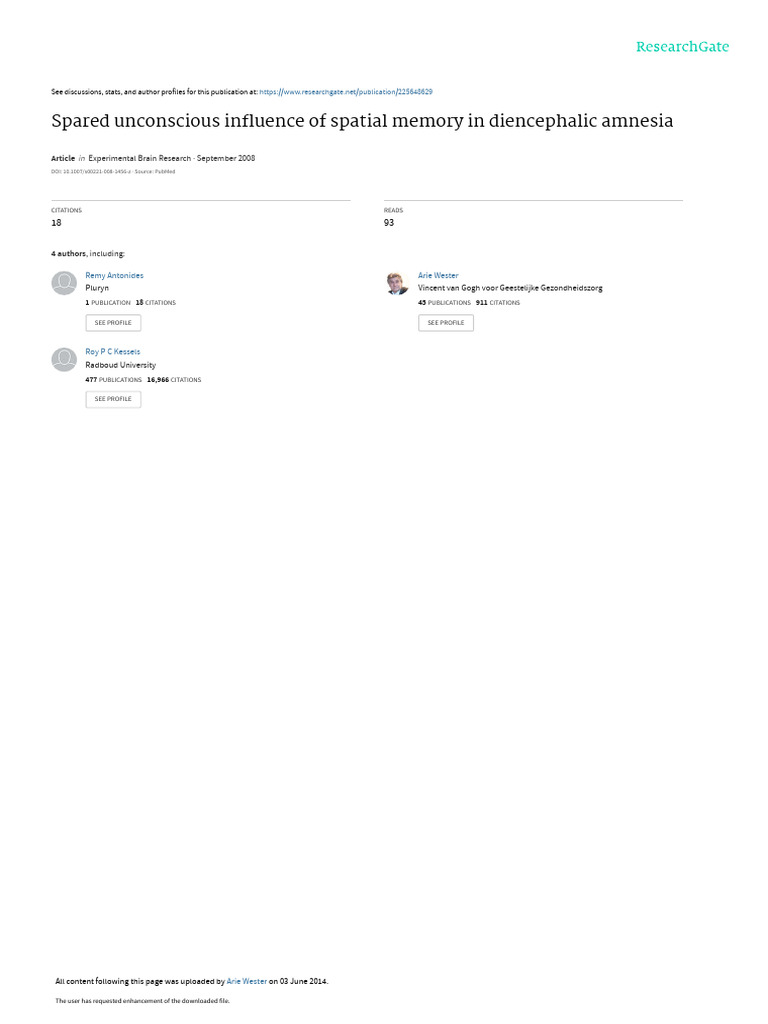 Spared unconscious influence of spatial memory in diencephalic amnesiah ...