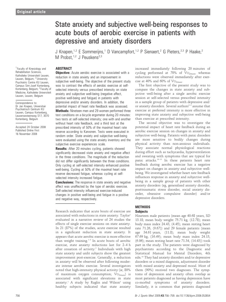 KNAPEN State Anxiety and Subjective Well-Being Responses To Acute Bouts of Aerobic Exercise in ...