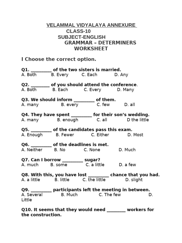 CLASS-9 WS Grammar - Determiners | PDF