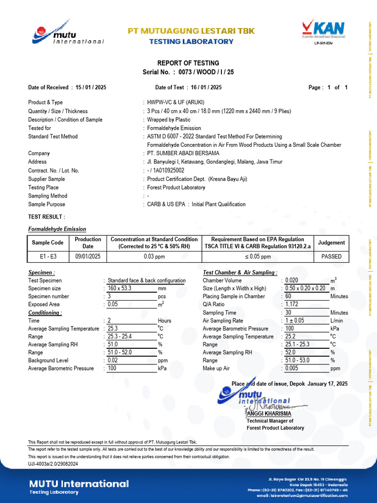 Formaldehyde Emission Test Report | PDF
