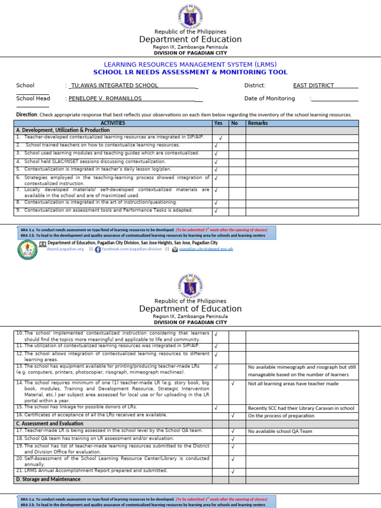 KRA3.a KRA3.b.1 LR-NEED ASSESSMENT and MONITORING-TEMPLATE - v2 | PDF | Learning
