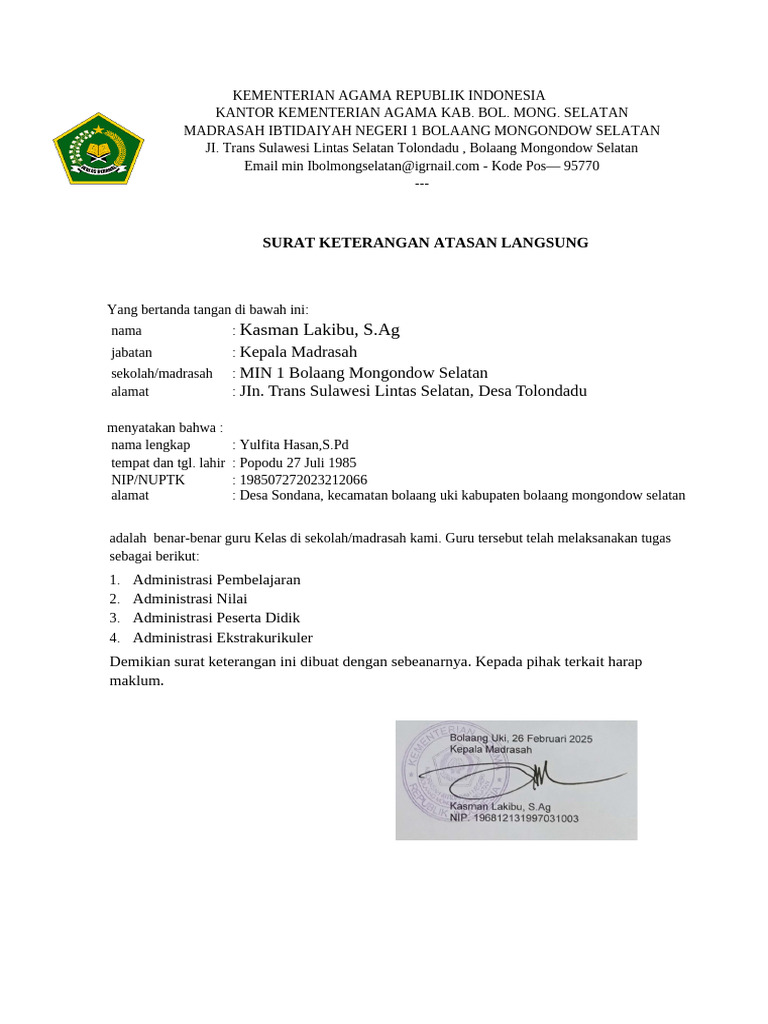 Surat Keterangan Kepsek | PDF