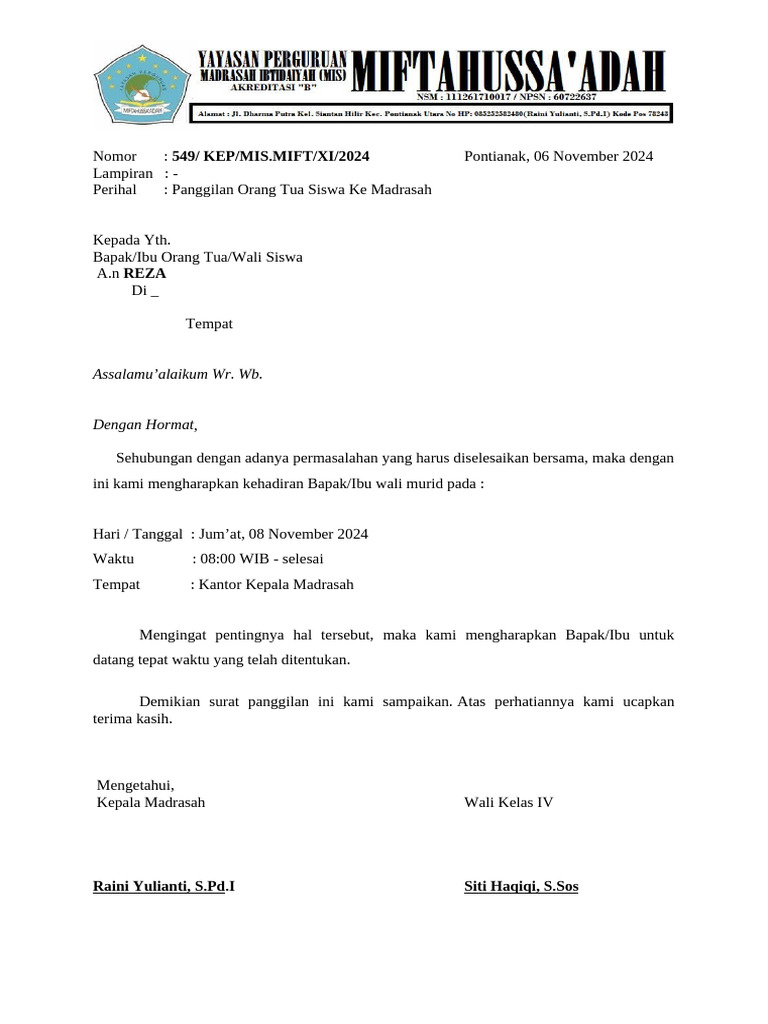 Surat Pemanggilan ORTU. | PDF