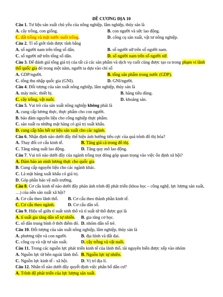 Đề cương GK2 lớp 10-Hs | PDF