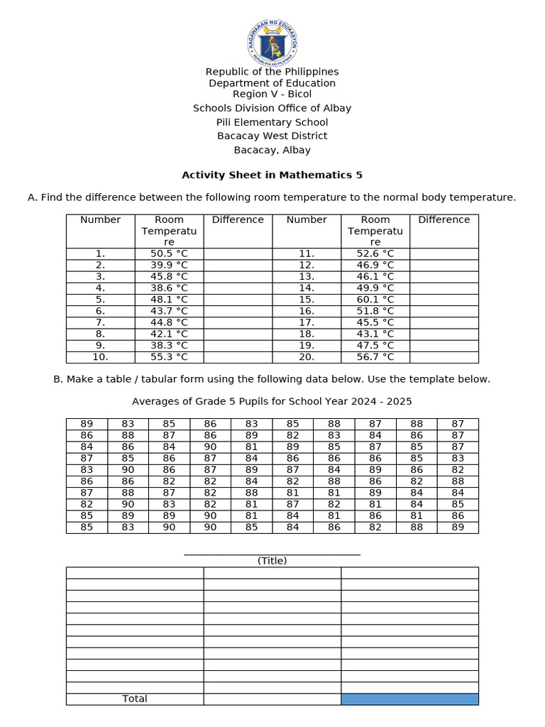 Grade 5 Math Activity Sheet 2024 | PDF