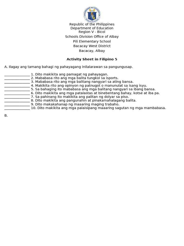Activity Sheet - Filipino 5 | PDF