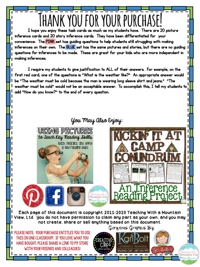 Inference Task Cards Half Page Fill in Answers | PDF