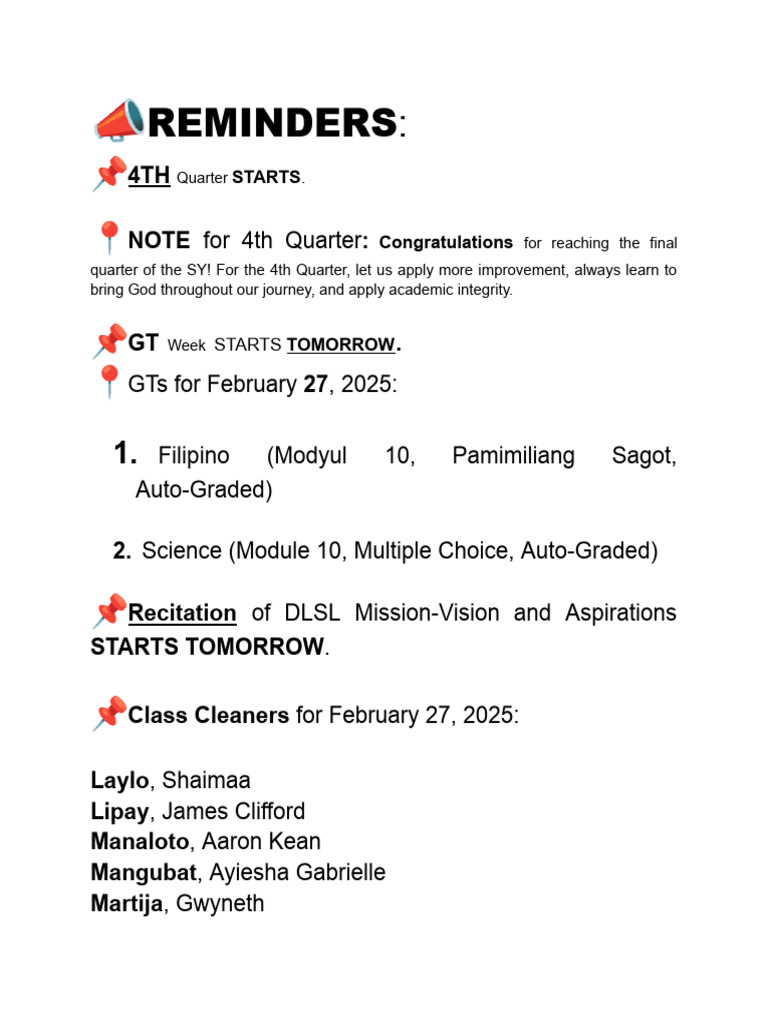 Reminders For February 27 2025 | PDF