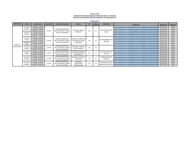 JADUAL KULIAH DPP SEMESTER 1 (Kumpulan 50) | PDF