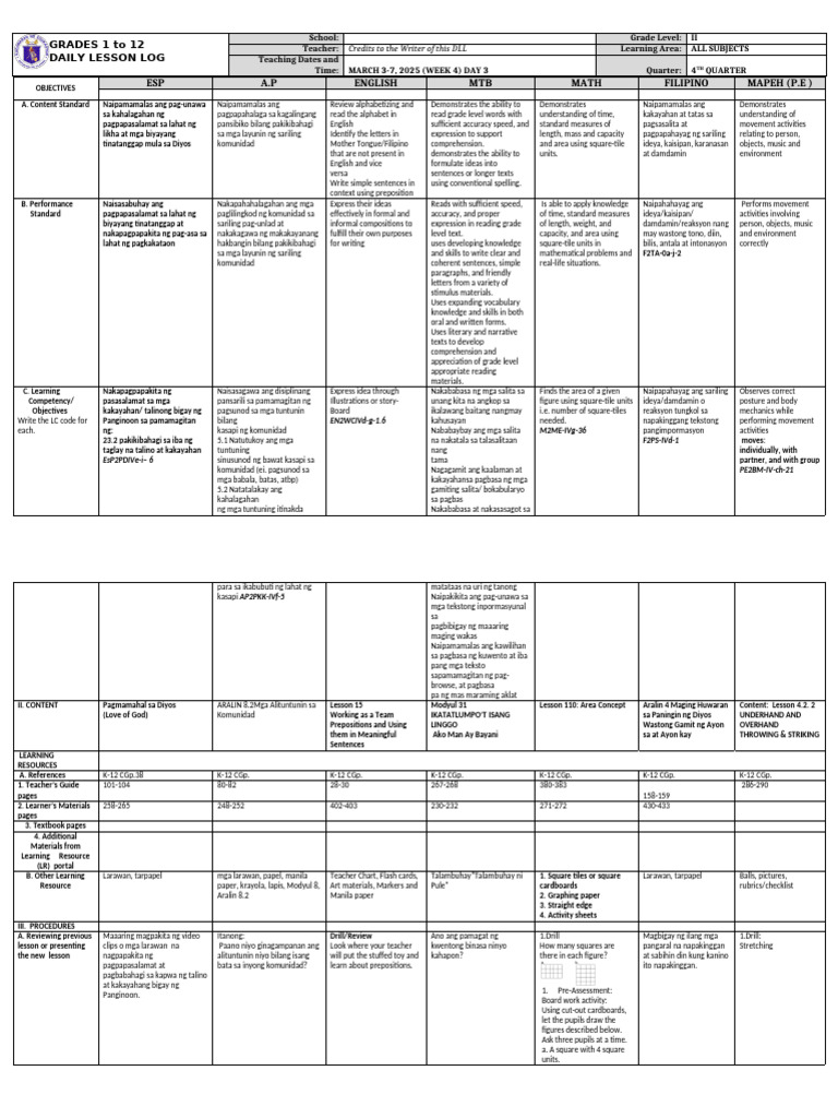 DLL_ALL SUBJECTS 2_Q4_W4_D3 | PDF