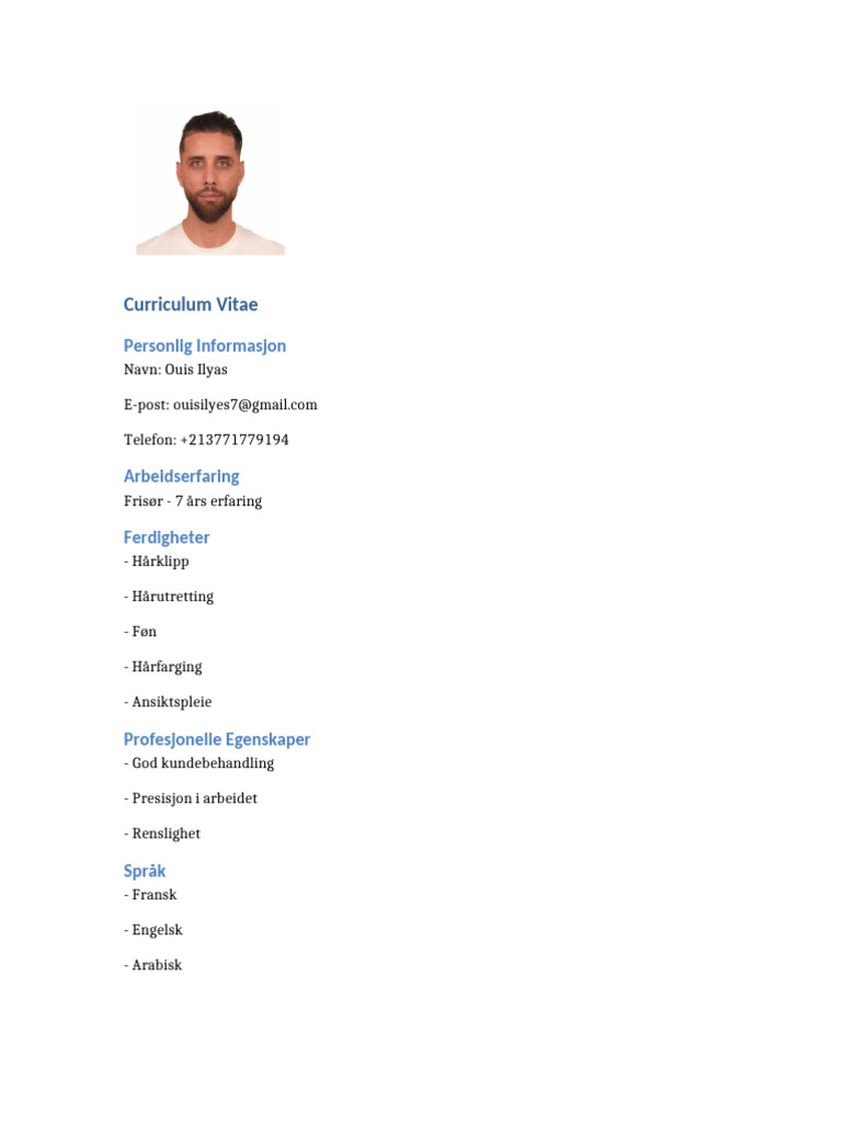CV Ouis Ilyas Norwegian | PDF