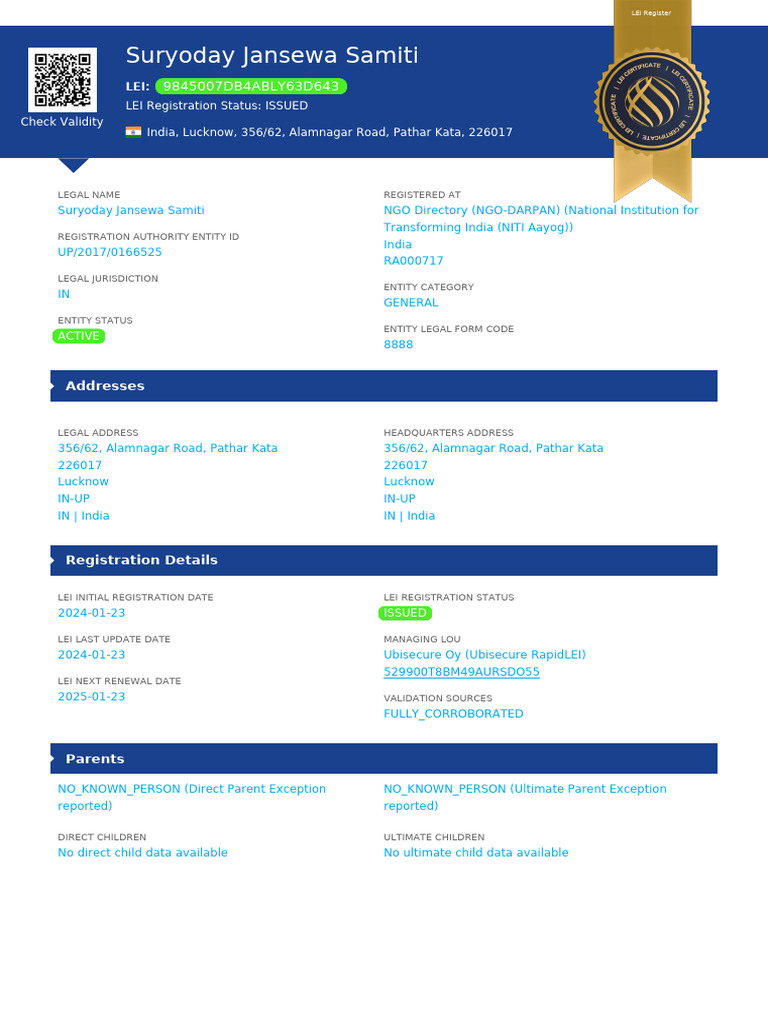 LEI Certificate Suryoday Jansewa Samiti | PDF | Computing