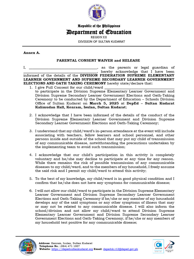 Parental Consent and Waiver | PDF | Consent | Justice