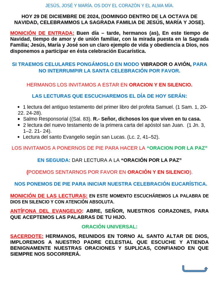 MONICION Domingo 29 de Diciembre de 2024. | PDF | eucaristía | Oración