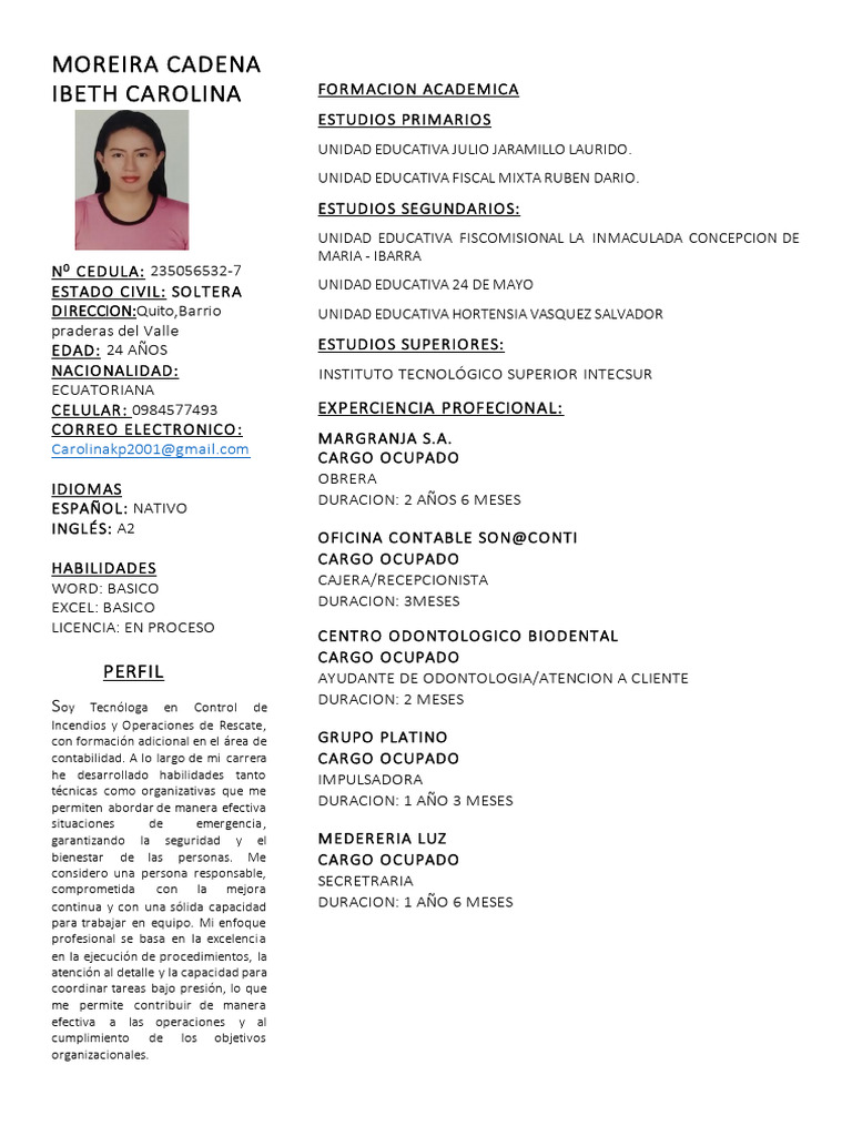 Carolina Moreira Hoja de Vida (1) | PDF | Bombero