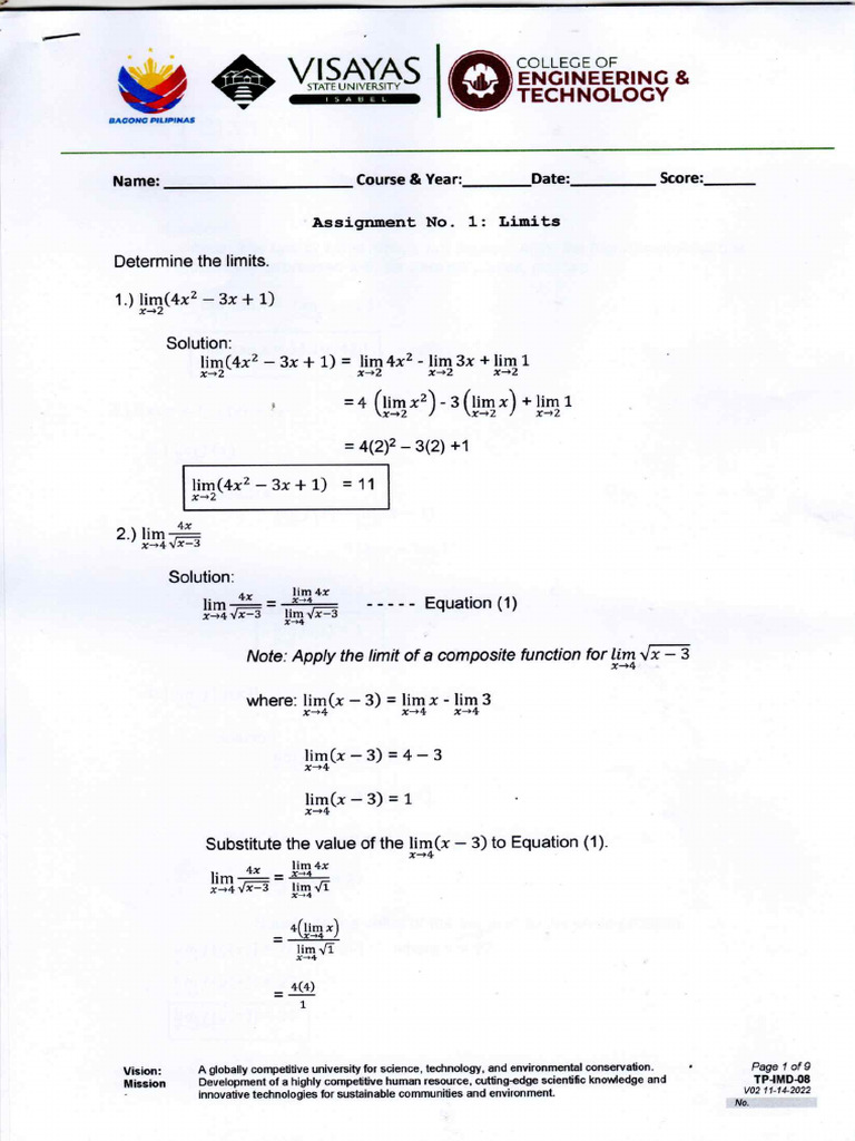 Assignment No. 1 Limits | PDF