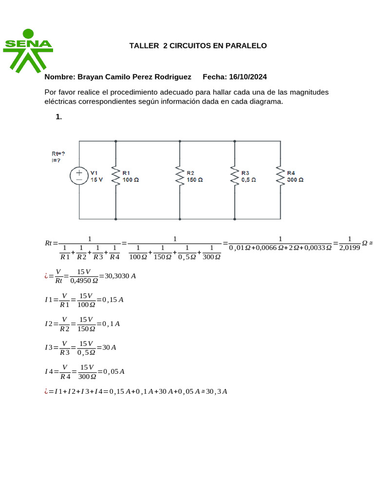 Ejercicios Circuitos en Paralelo - Brayan | PDF
