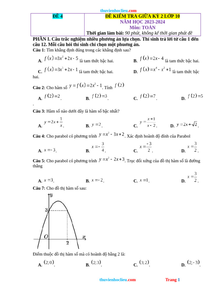 De Kiem Tra Giua HK2 Toan 10 KNTT de 4 Hay | PDF