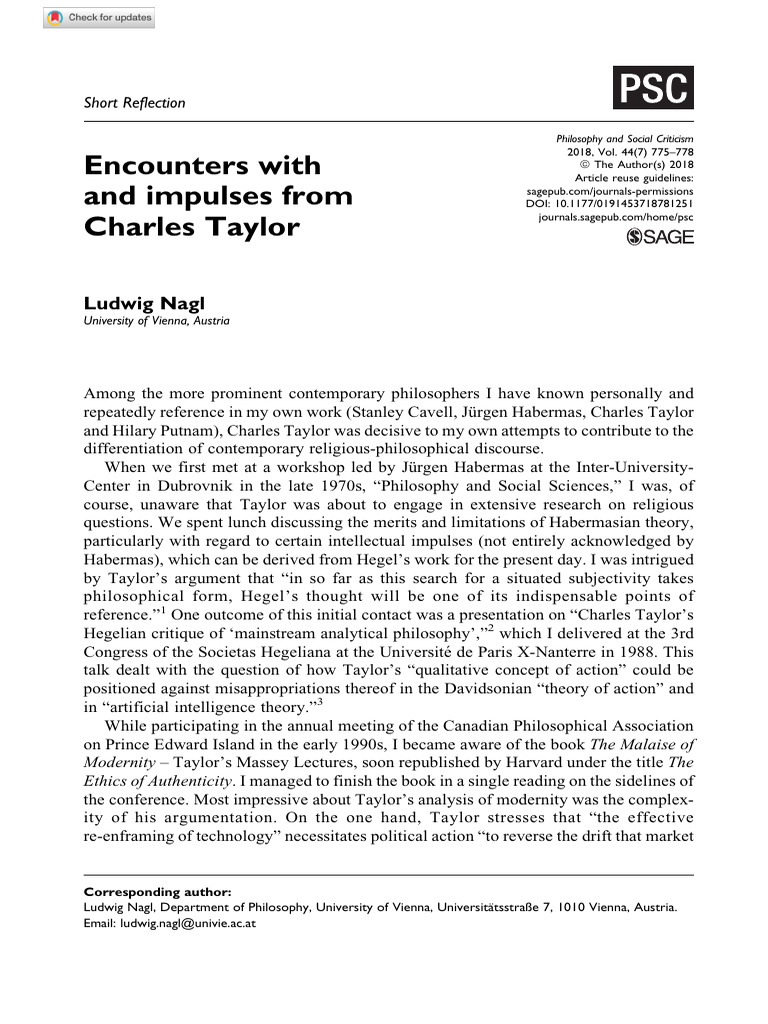 Nagl 2018 Encounters With and Impulses From Charles Taylor | PDF | Jürgen Habermas | Pragmatism