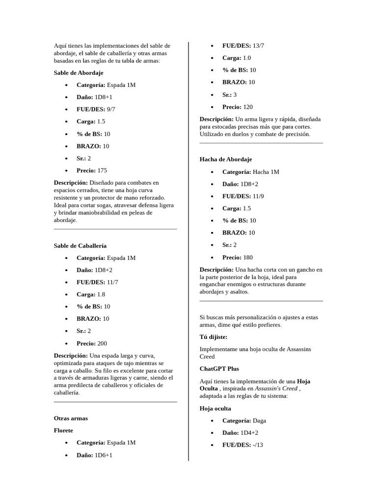 Tabla de Armas IA | PDF | Lanza | Espada