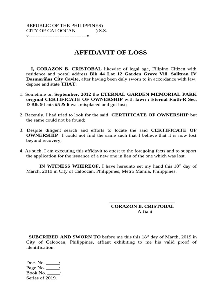 affidavit of loss COR | PDF