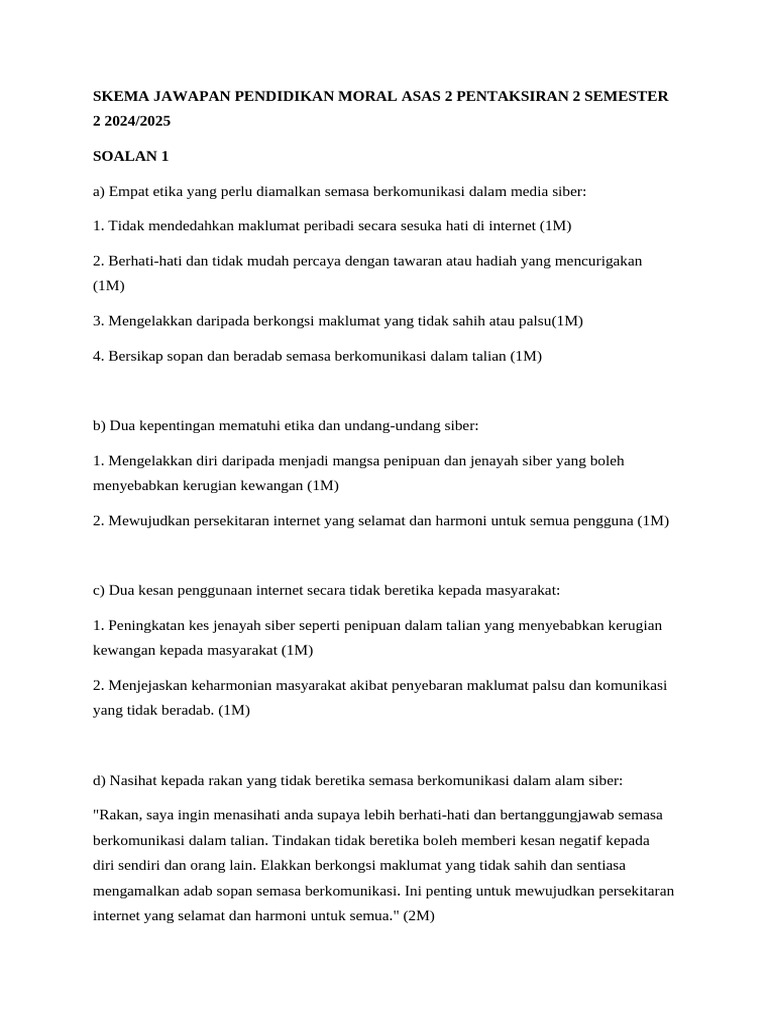 Skema Jawapan Pendidikan Moral Asas 2 Pentaksiran 2 Semester 2 2024 | PDF