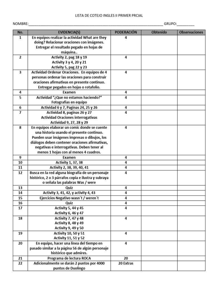 LISTA DE COTEJO INGLES II PRIMER PRCIAL | PDF