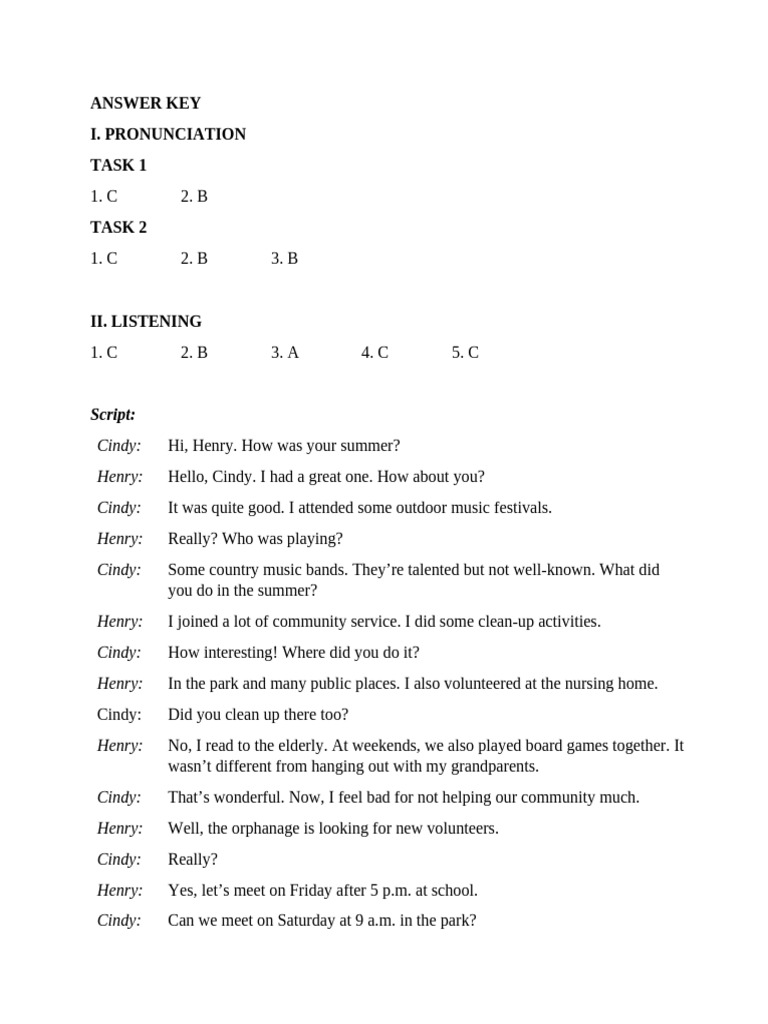 Answer Key Listening Test 1 | PDF