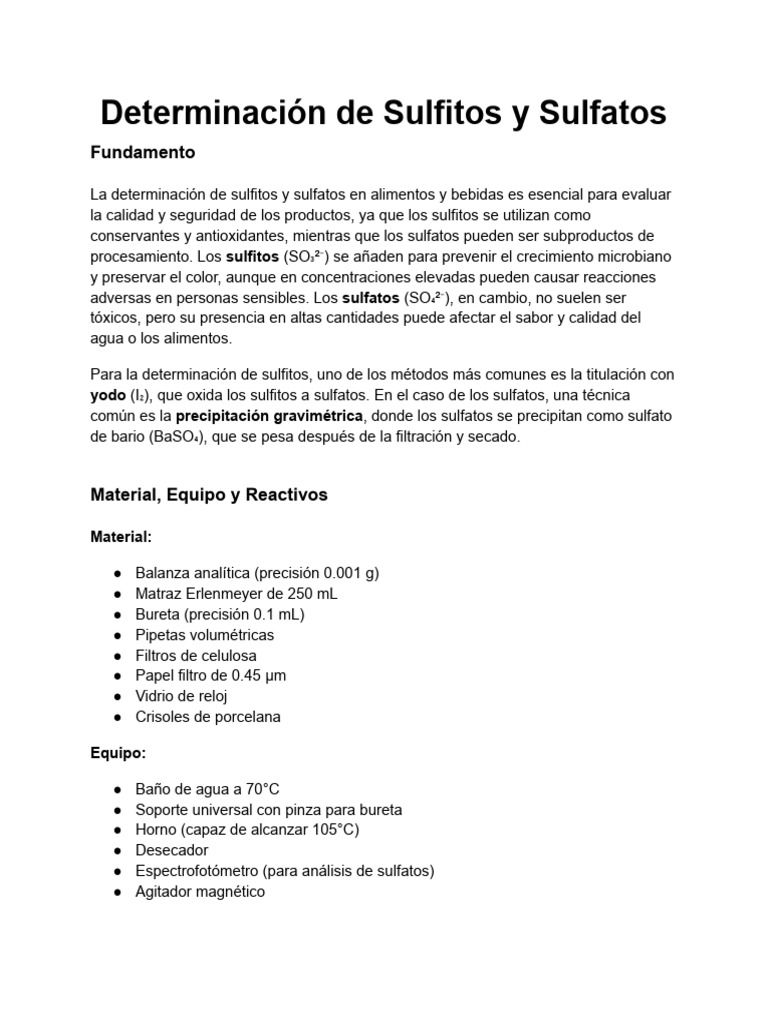 Determinación de Sulfitos y Sulfatos | PDF | Valoración | Química