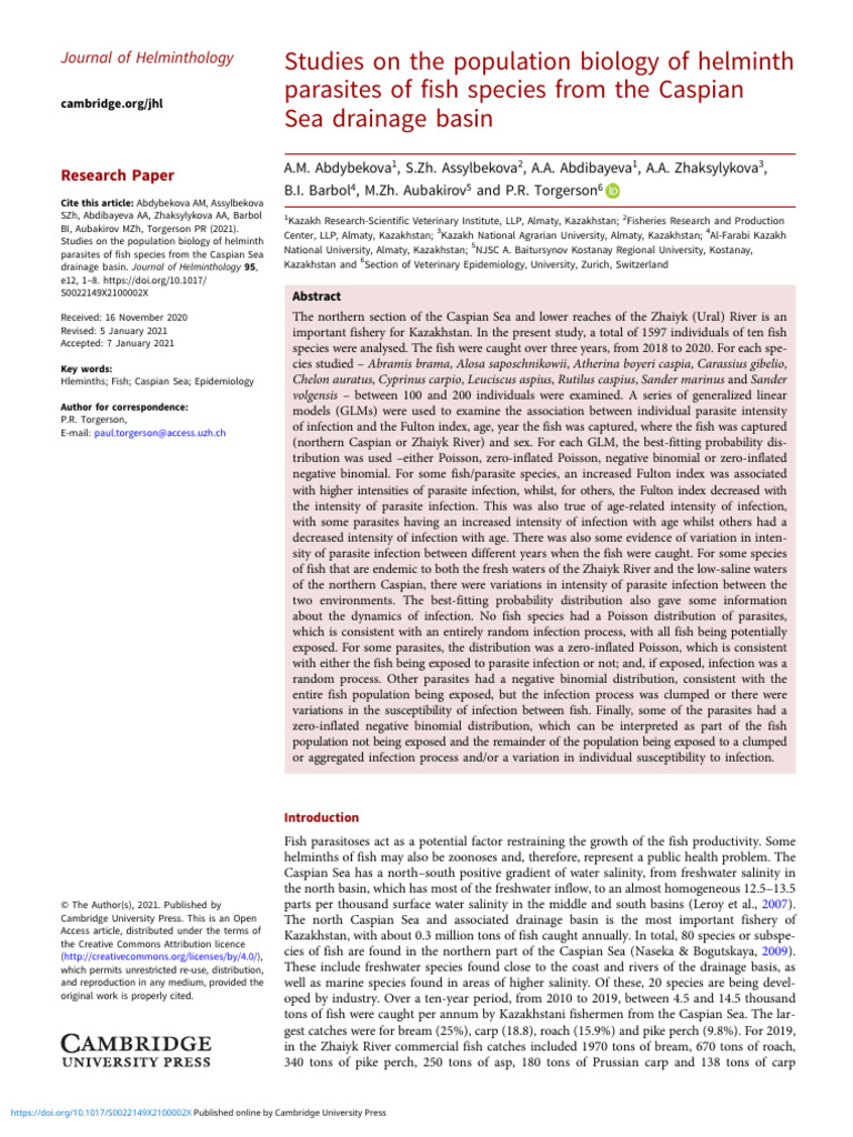Studies On The Population Biology of Helminth Parasites of Fish Species ...
