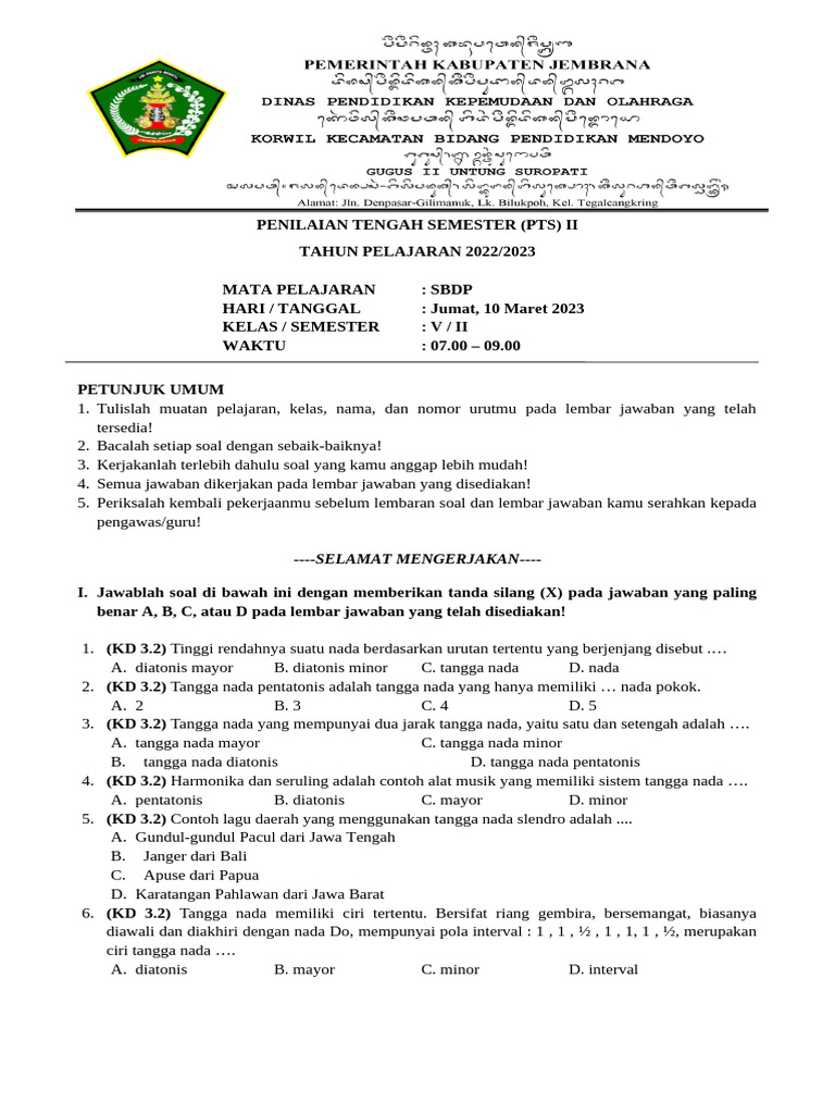 Soal PTS SBDP DAN JAWABAN | PDF