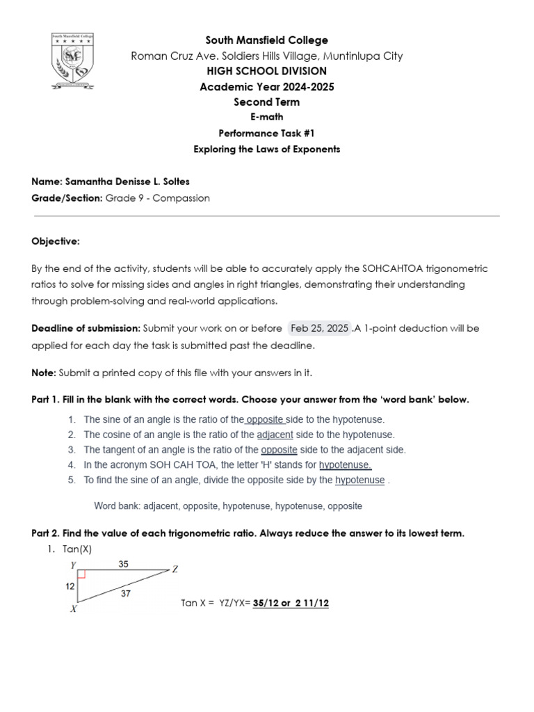 SOLTES PT #1 - Solving Triangles With SOHCAHTOA | PDF