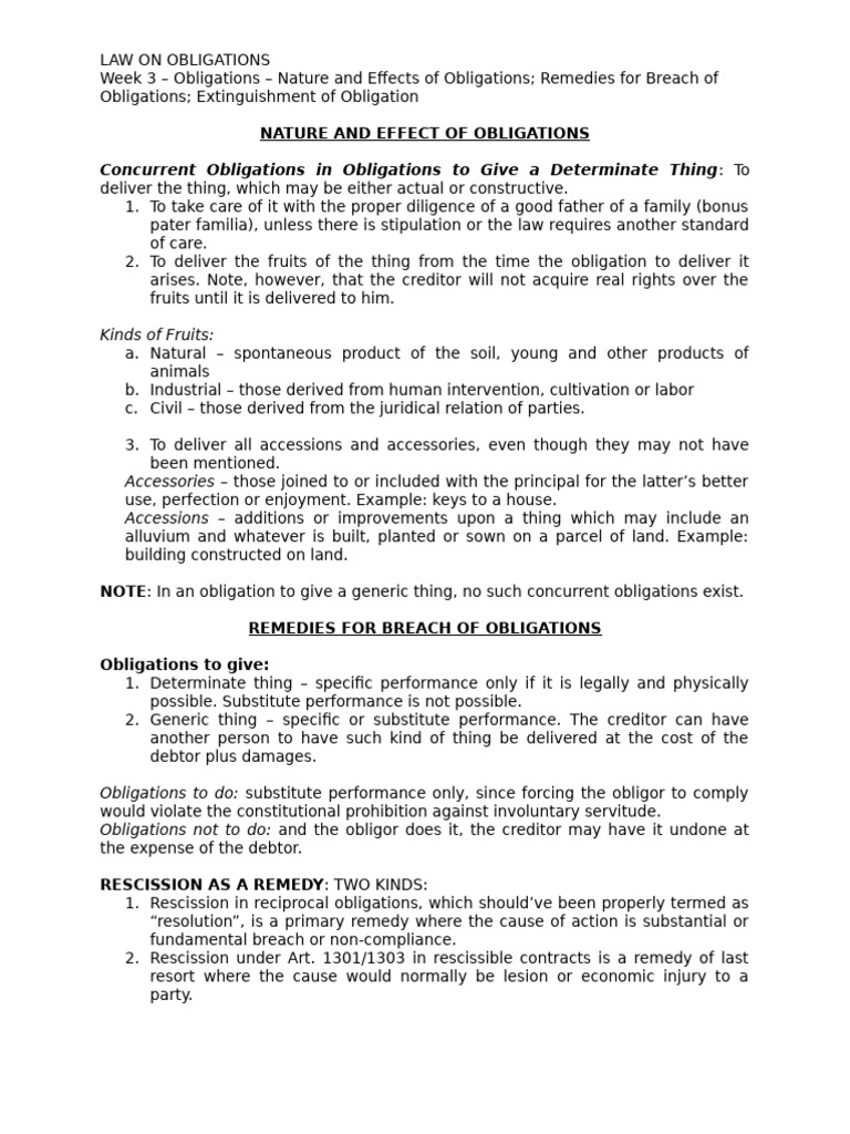 Week 3 - Obligations - Nature and Effects of Obligations Remedies For ...