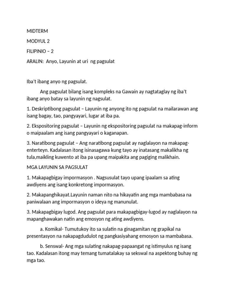 Anyo, Uri at Layunin Sa Pagsusulat | PDF