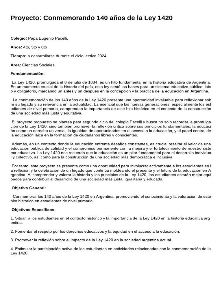 Proyecto sobre la ley 1420 para segundo ciclo | PDF